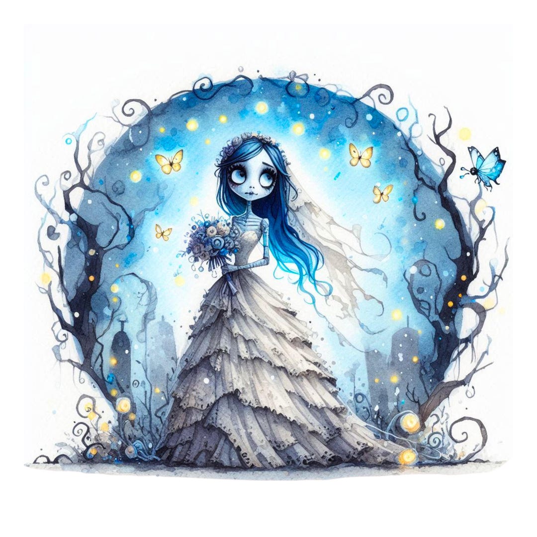 Kawaii Watercolor Corpse Bride Illustration Cute Tim Burton Digital Art ...