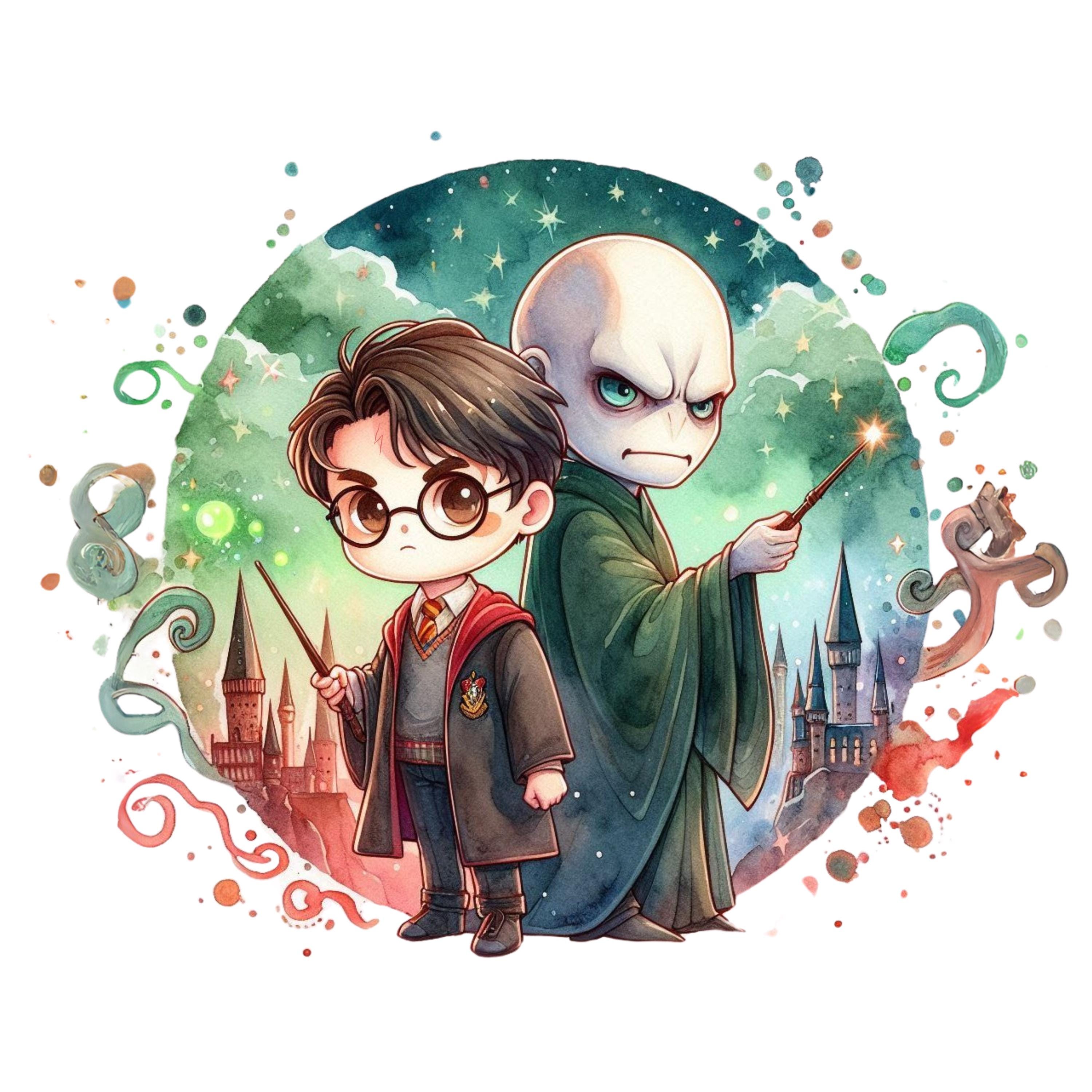 Watercolor Kawaii Harry Potter and Voldemort Clipart Cute Wizarding ...