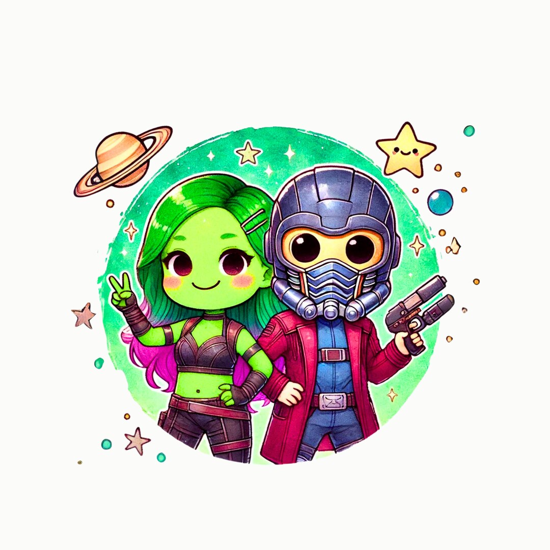 Watercolor Kawaii Star Lord and Gamora Clipart Adorable Guardians of ...