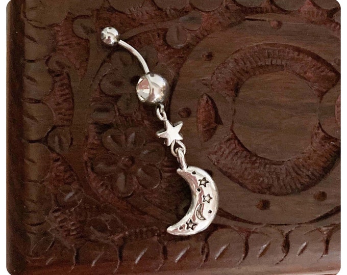Indian Moon Stars Celestial Navel Bar Belly Ring Surgical Steel Antique ...
