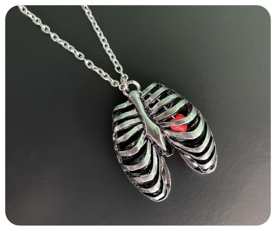 Rib Cage Necklace Silver Skeleton Anatomical Red Heart Gothic | Etsy