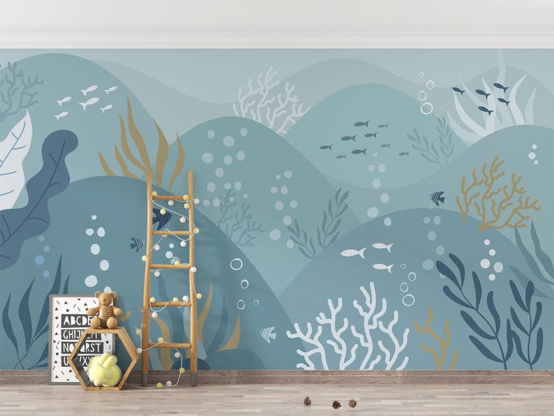 Underwater Ocean Wall Mural – Serene & Playful Marine Life Wallmural ...