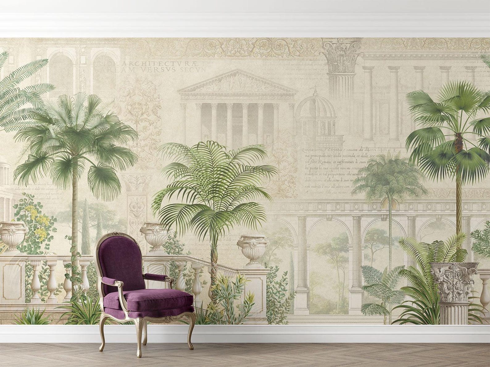 Classical Architecture Wall Mural – Vintage Palm Tree Wallpaper - Etsy