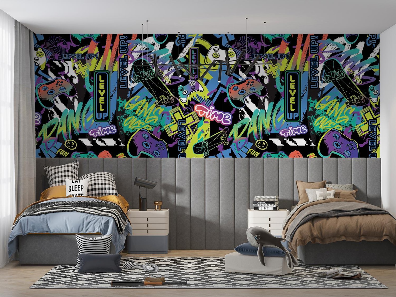 Neon Gamer Wall Mural – Graffiti Street Art Wallpaper, Kids Room Peel ...