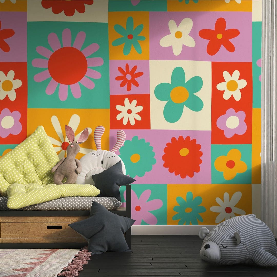 Retro Hippie Flower Wallpaper Mural: Colorful Peel and Stick Decor - Etsy