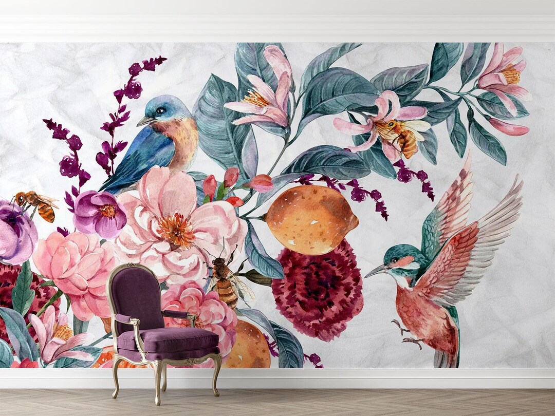 Watercolor Hummingbird Wall Mural – Colorful Floral Garden Wallpaper ...
