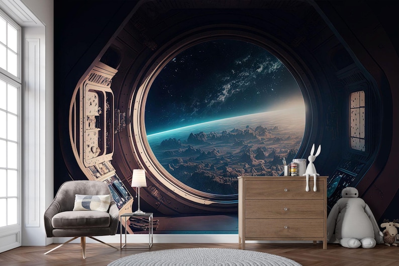 Spaceship Window Wallpaper Mural: Sci-fi Kids Room Decor (peel and ...
