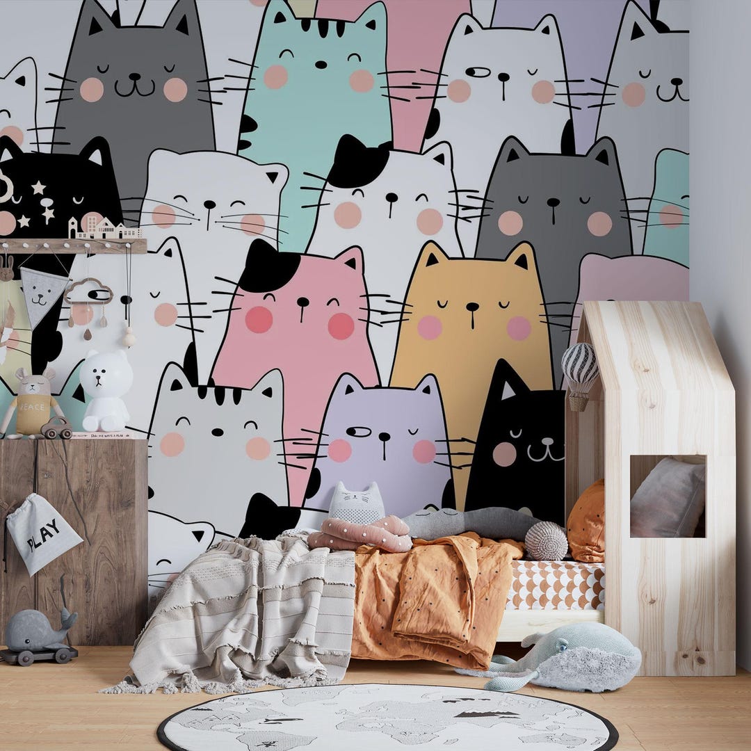 Pastel Cat Wallpaper Mural | Kawaii Nursery Decor (peel & Stick or ...
