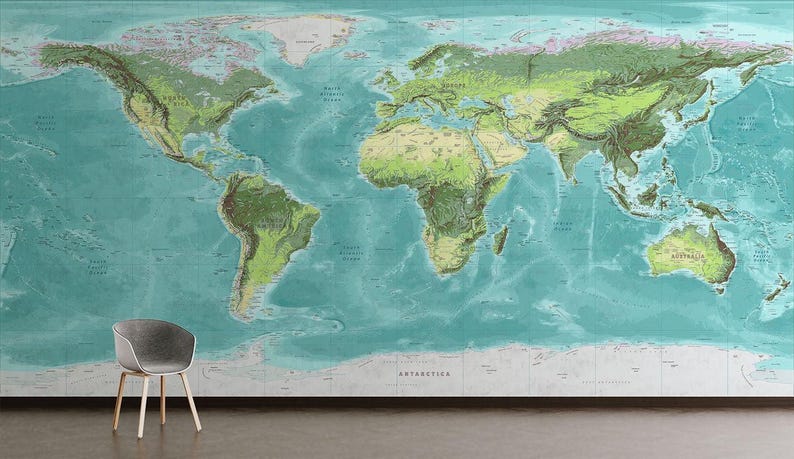 Oversized World Map Mural: Educational Topographic Wallpaper - Etsy