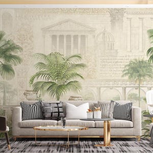 Classical Architecture Wall Mural – Vintage Palm Tree Wallpaper - Etsy