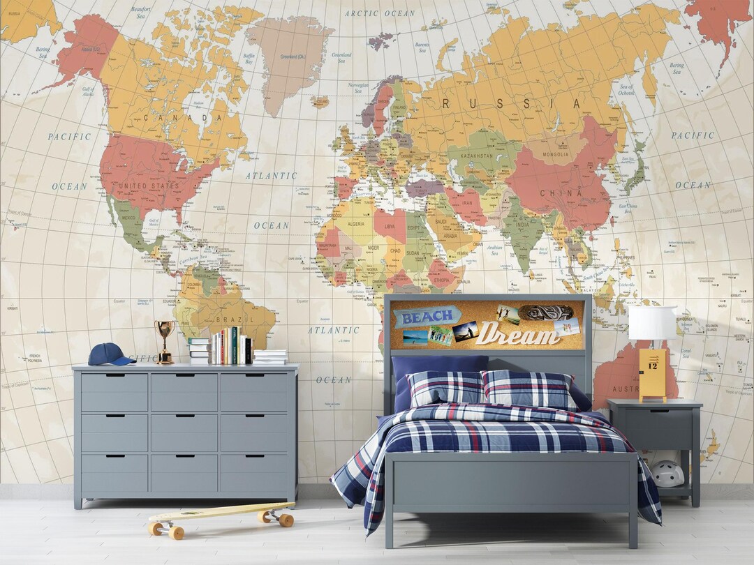Light Yellow World Map Mural | Peel-and-stick Wallpaper, Kids Room ...