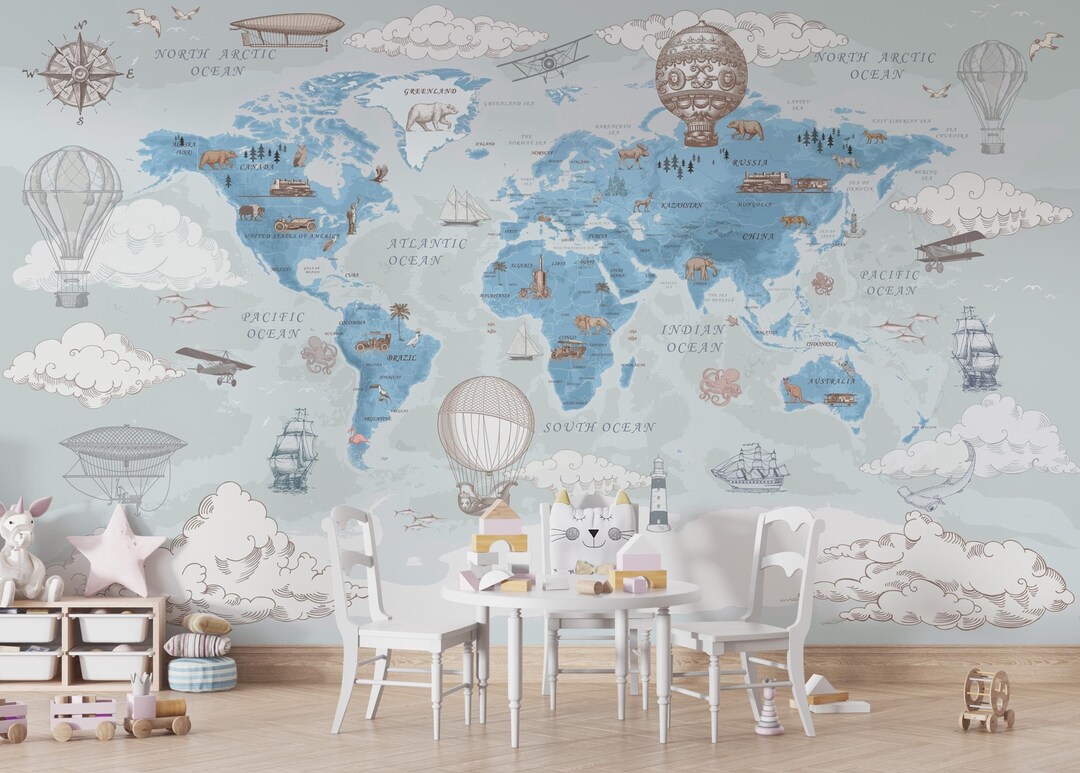 Enchanting World Map Mural | Kids Room and Nursery Wallpaper, Peel and ...