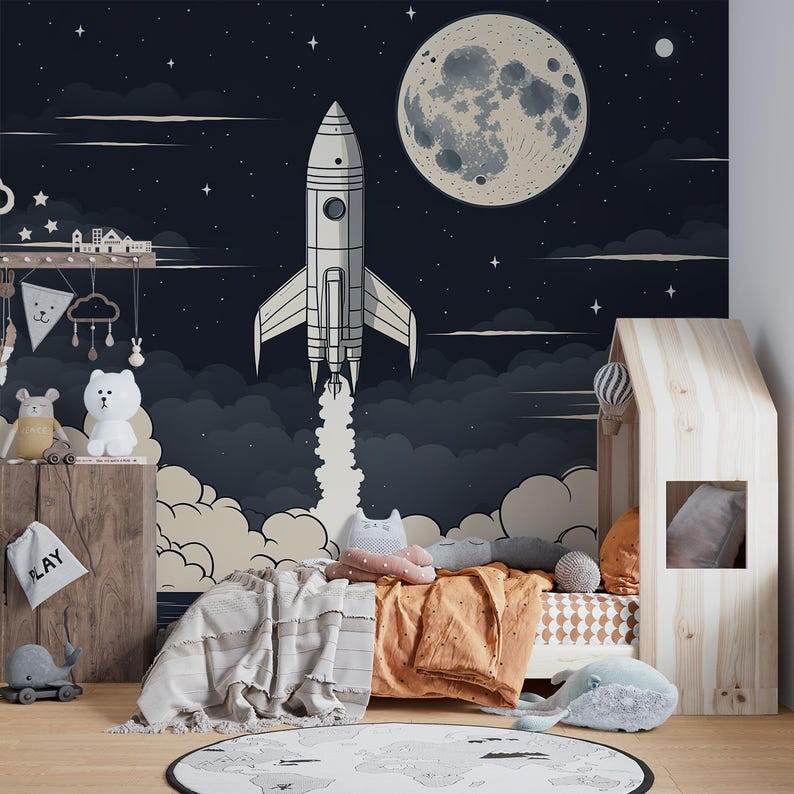 Cartoon Spaceship Wall Mural - Etsy