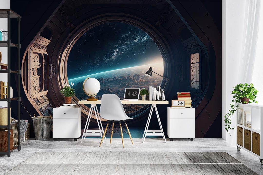 Spaceship Window Wallpaper Mural: Sci-fi Kids Room Decor (peel and ...
