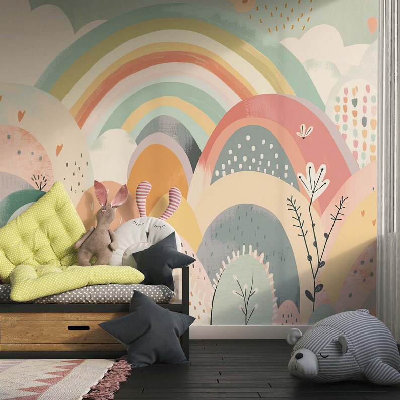 Boho Rainbow Wallpaper Mural – Pastel Nursery Wall Decor - Etsy