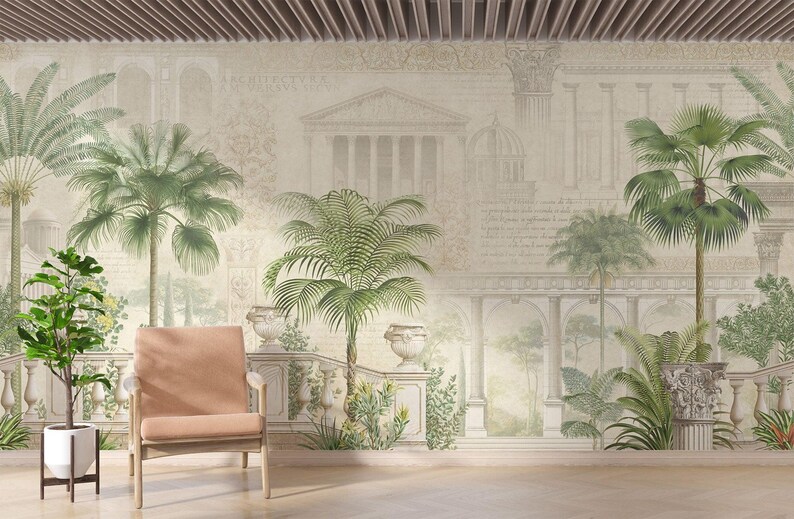 Classical Architecture Wall Mural – Vintage Palm Tree Wallpaper - Etsy