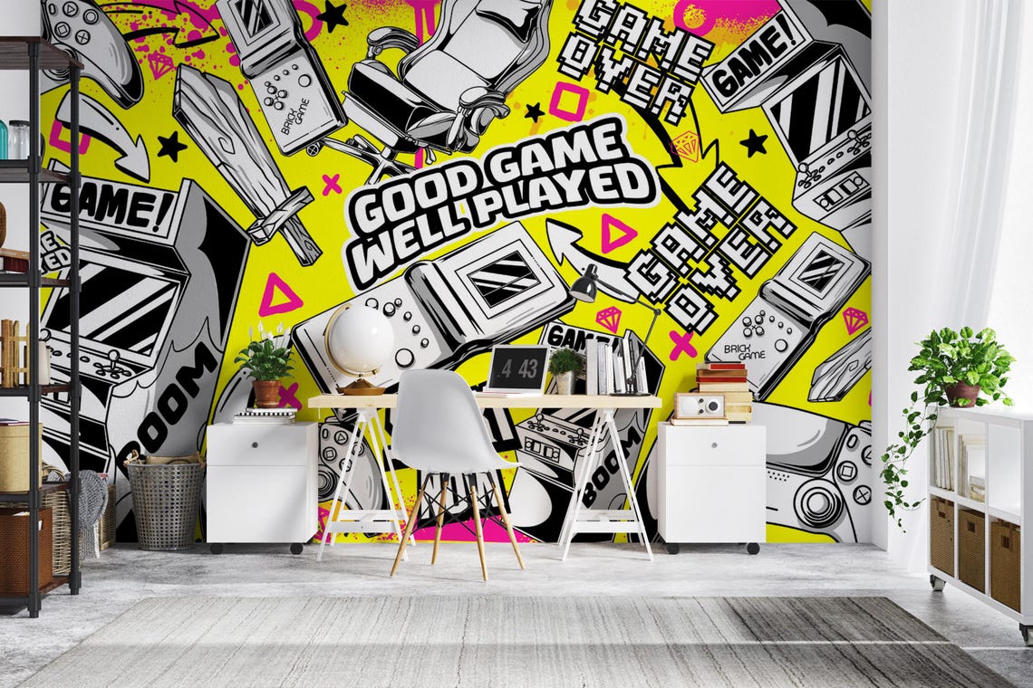 Yellow Gamer Wall Mural | Retro Gaming Wallpaper, Peel and Stick Video ...