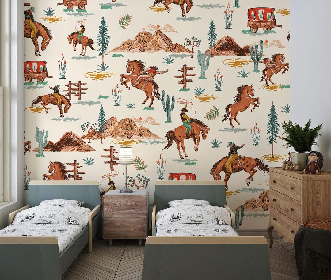 Vintage Wild West Cowboy Mural: Peel and Stick Western Wallpaper - Etsy