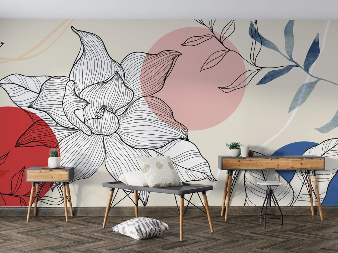 Floral Line Art Wall Mural Wallpaper Peel-and-stick Wall Mural - Etsy