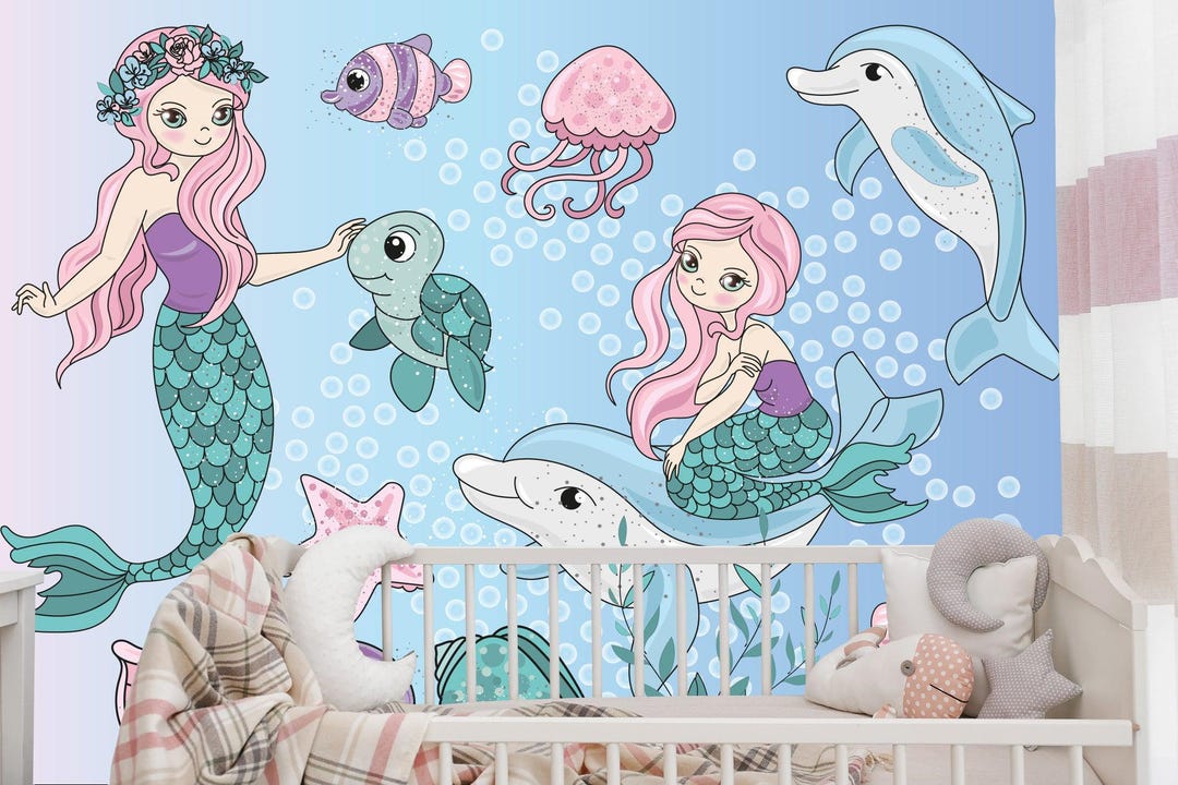Mermaids With Sea Animals Wall Mural | Girl's Room Decor | Peel and ...