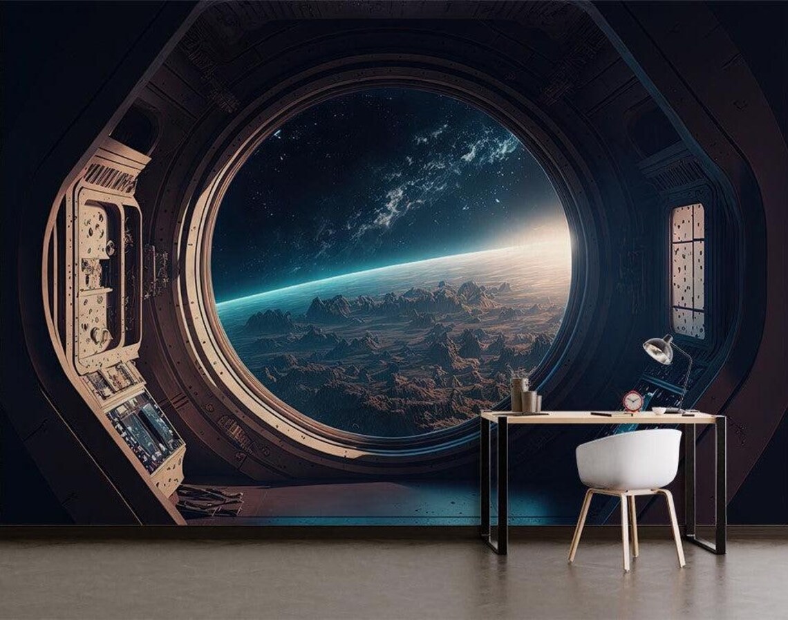 Spaceship Window Wallpaper Mural: Sci-fi Kids Room Decor (peel and ...