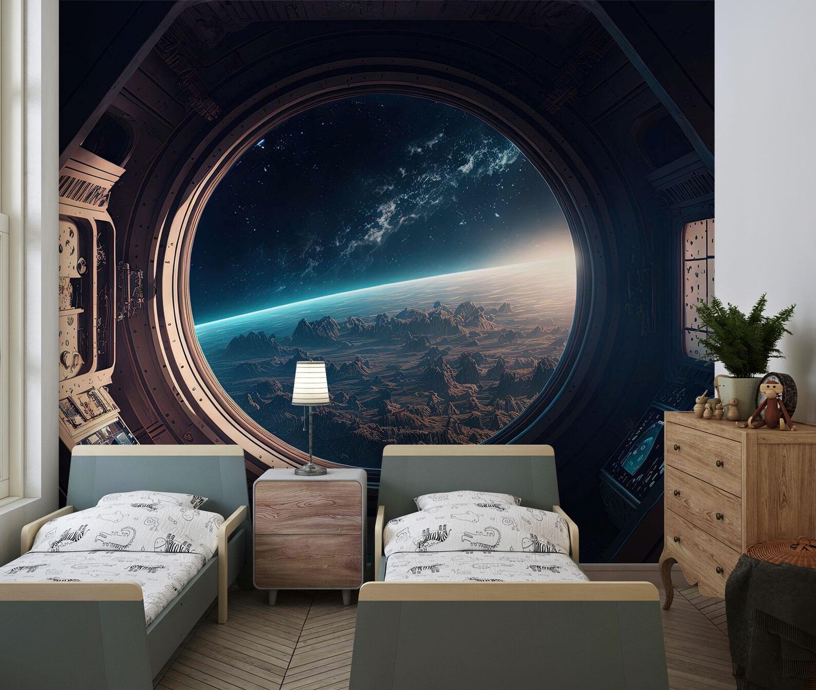 Spaceship Window Wallpaper Mural: Sci-fi Kids Room Decor (peel and ...