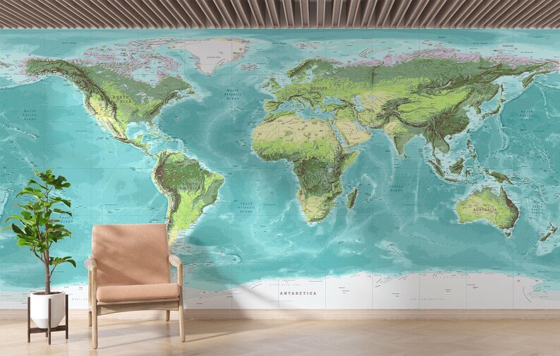 Oversized World Map Mural: Educational Topographic Wallpaper - Etsy