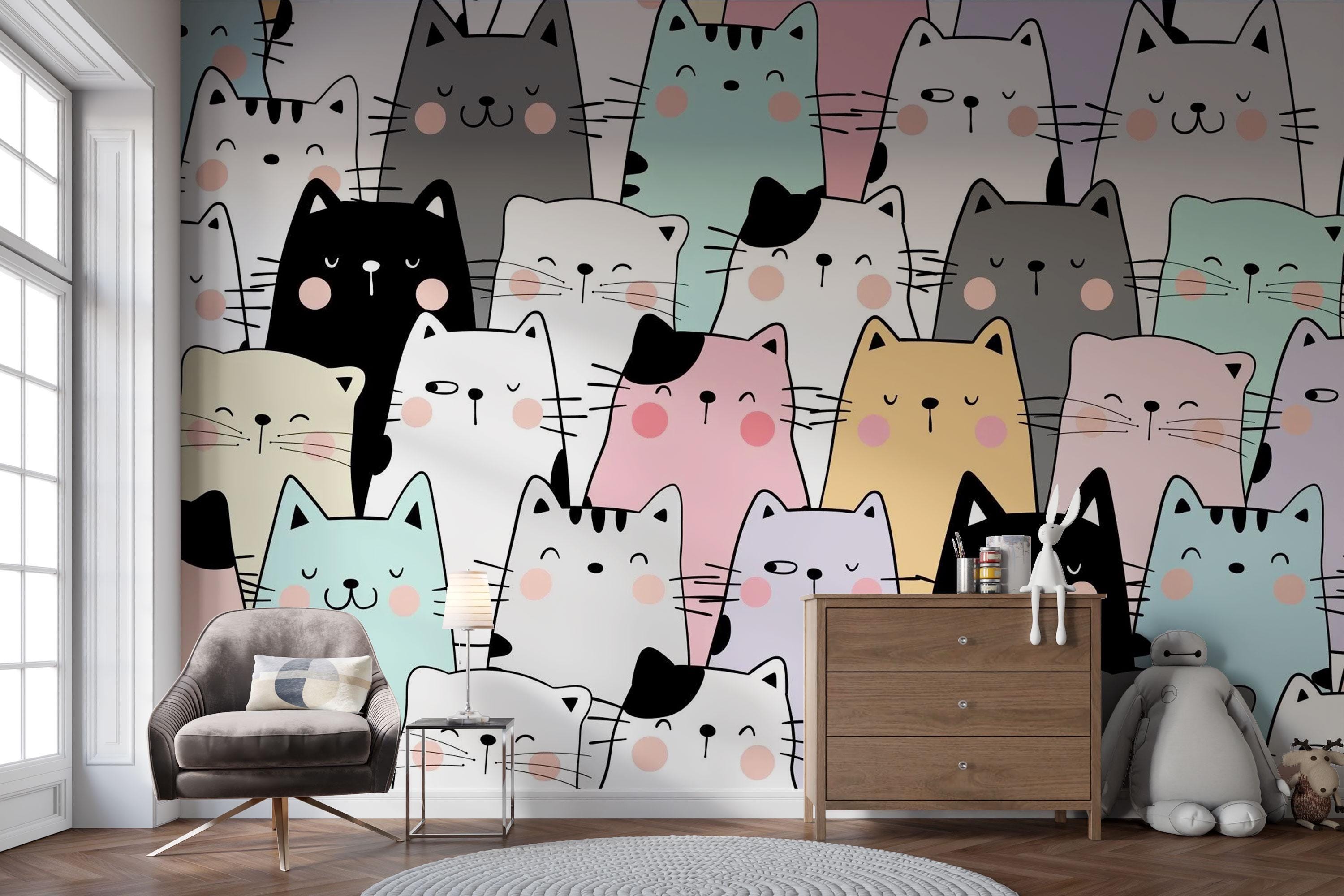 Pastel Cat Wall Mural | Kawaii Cat Wall Decor for Kids Room, Cute ...