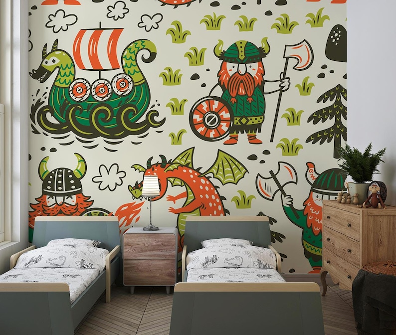 Viking Adventure Kids Wall Mural – Fun and Playful Custom Wallpaper for ...