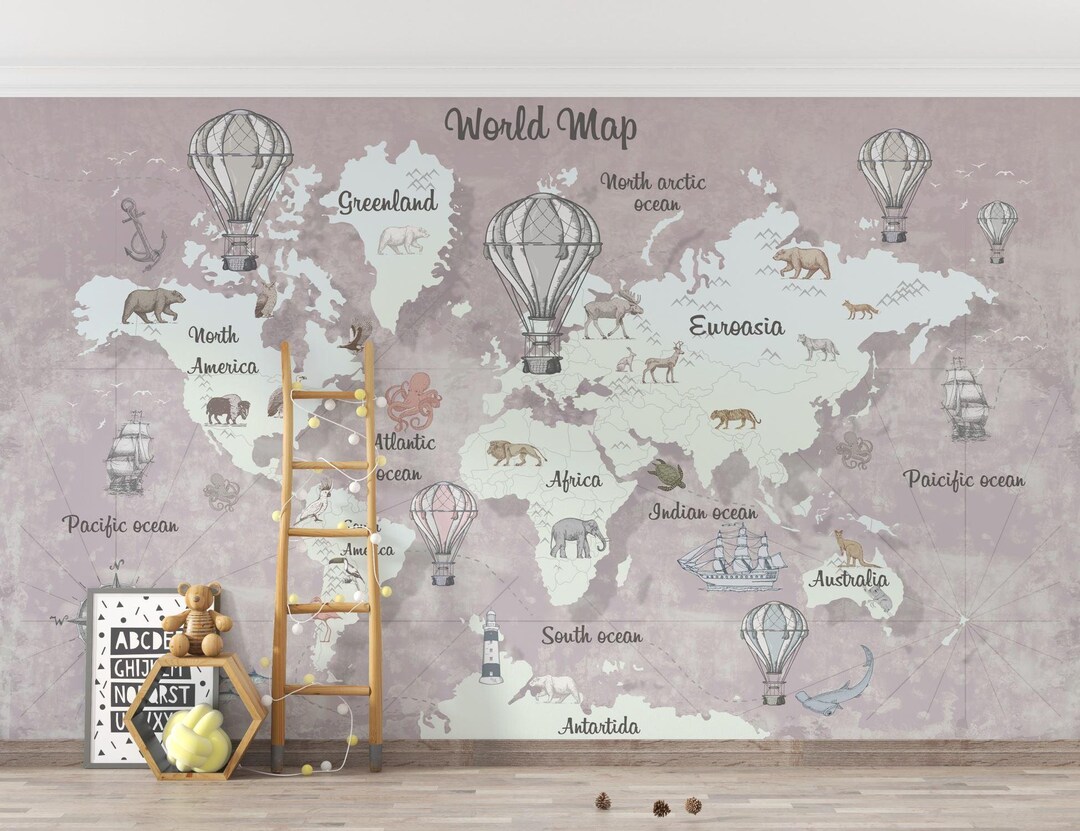 Retro World Map Wallpaper Mural - Etsy