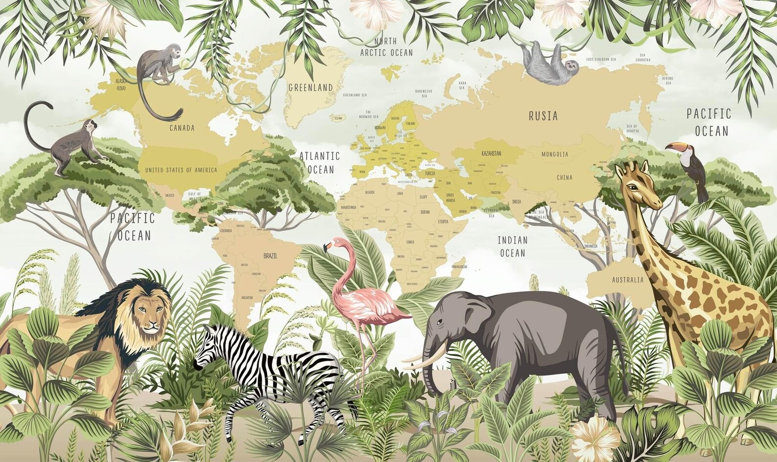 Safari Animal World Map Mural: Kids Nursery Wallpaper, Peel & Stick - Etsy