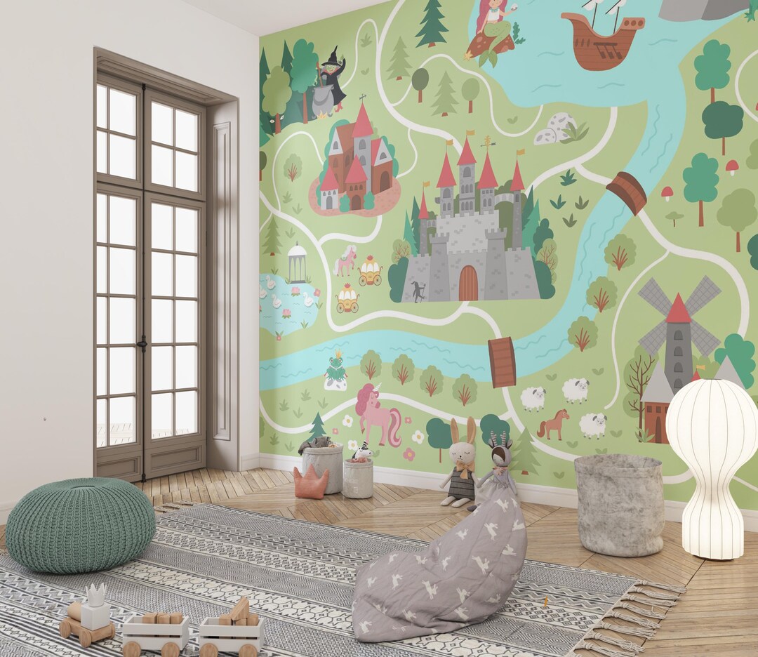 Fairy Tale Kingdom Map Mural: Princess Castle Nursery Wallpaper (peel ...