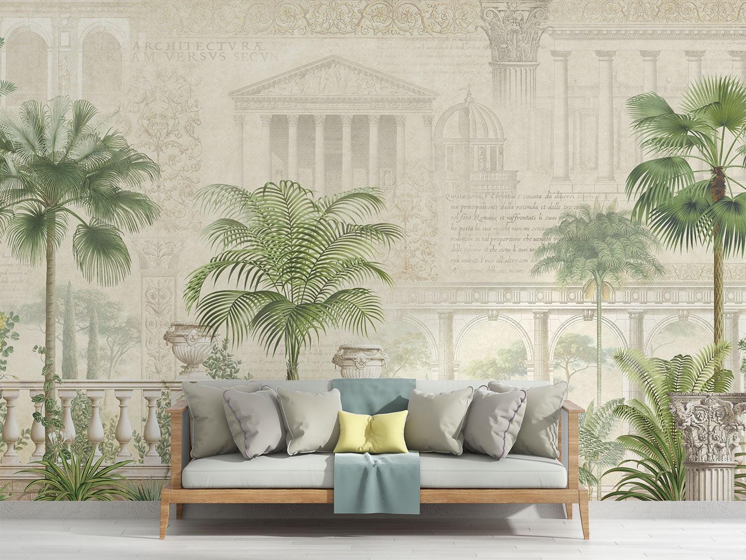 Classical Architecture Wall Mural – Vintage Palm Tree Wallpaper - Etsy