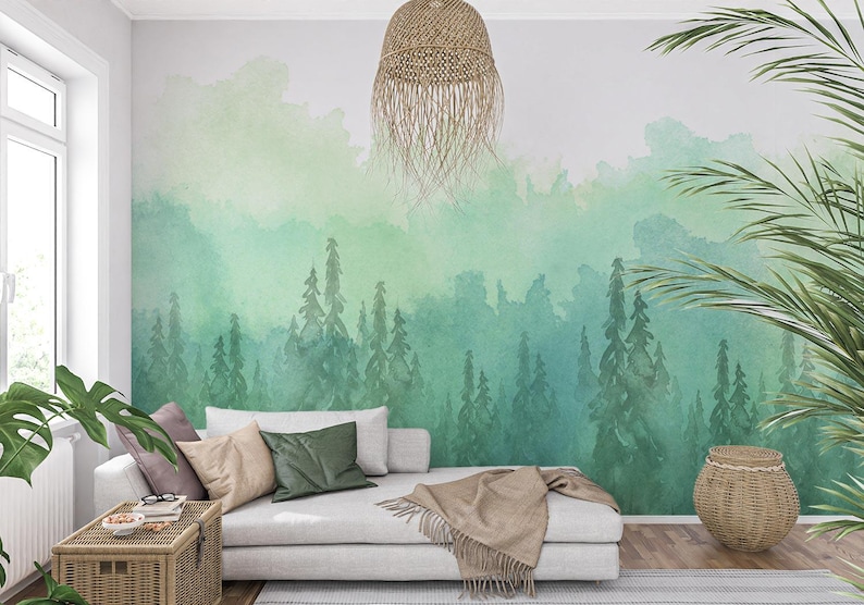 Evergreen Forest Wallpaper Mural | Watercolor Tree Wall Decor - Etsy