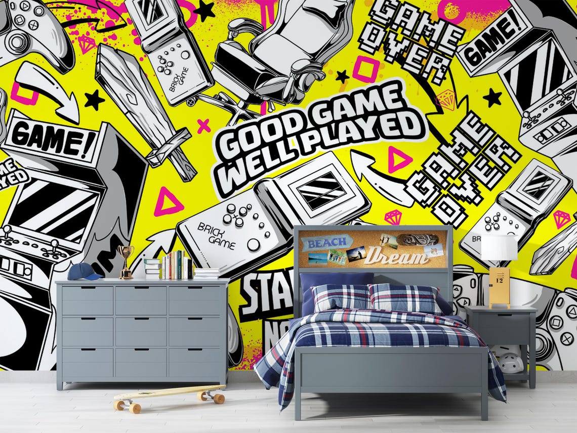 Yellow Gamer Wall Mural | Retro Gaming Wallpaper, Peel and Stick Video ...