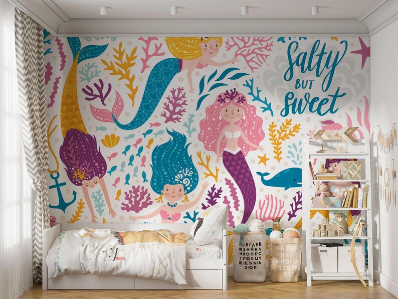 Mermaid Wall Mural | Colorful Underwater Ocean Theme Wallmural for ...