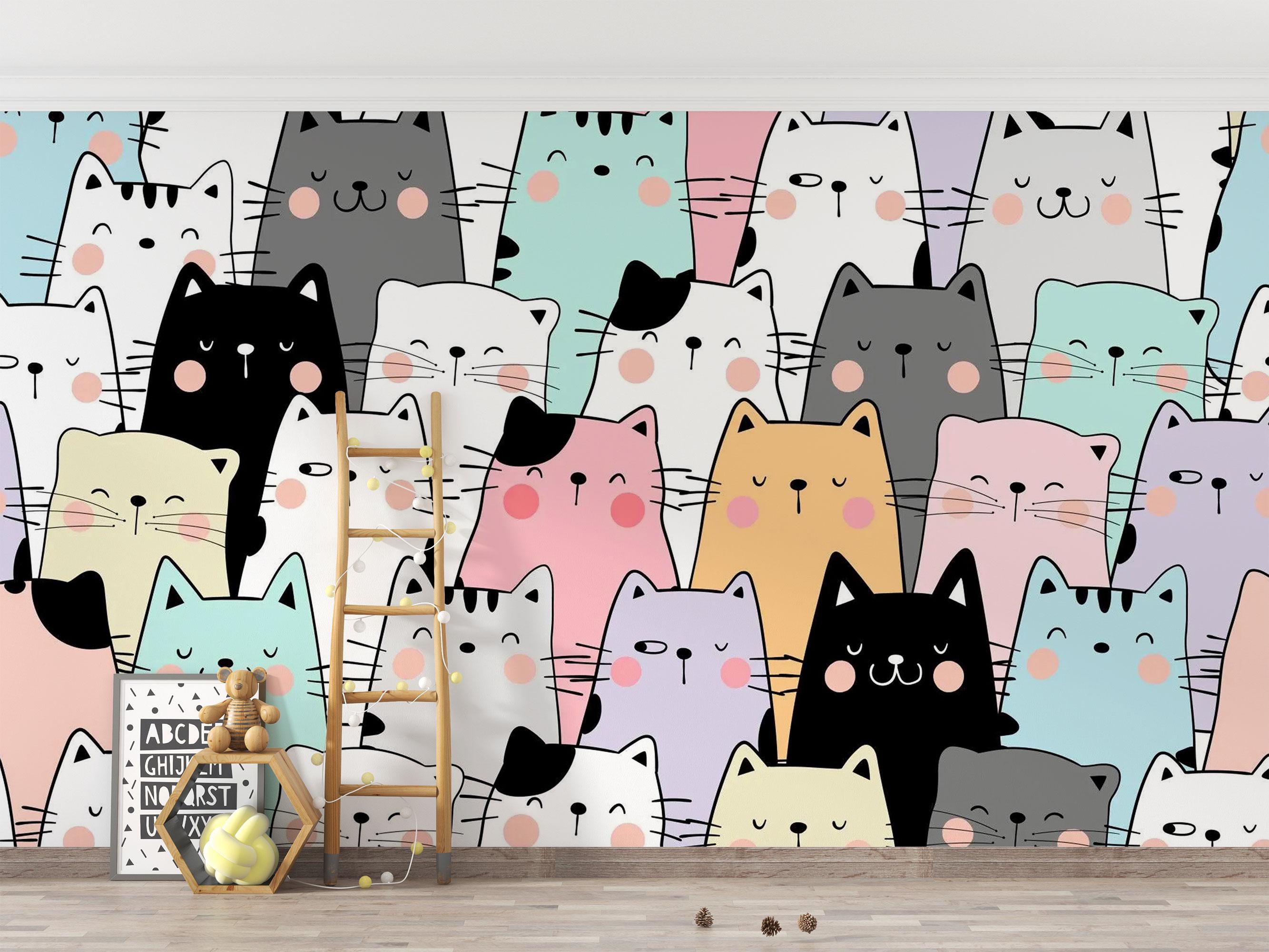 Pastel Cat Wall Mural | Kawaii Cat Wall Decor for Kids Room, Cute ...