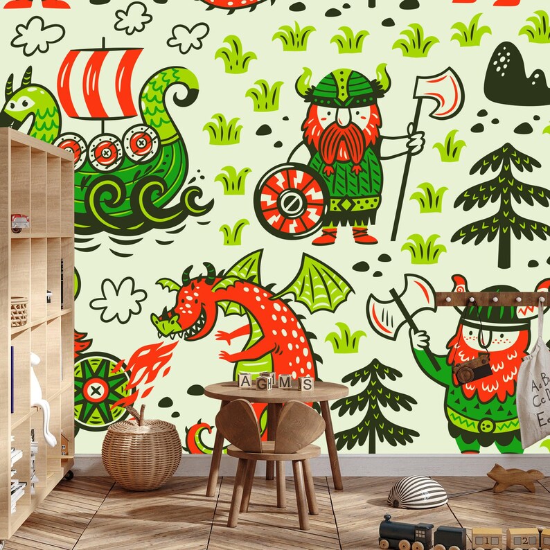 Viking Adventure Kids Wall Mural – Fun and Playful Custom Wallpaper for ...