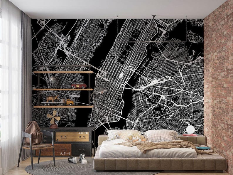 Black and White City Map Mural: Modern Urban Wallpaper - Etsy