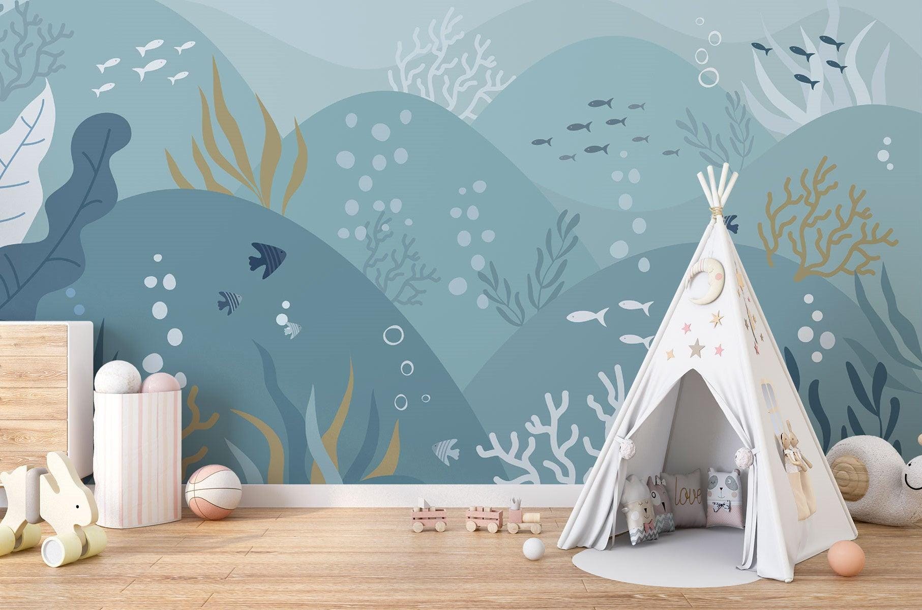 Underwater Ocean Wall Mural – Serene & Playful Marine Life Wallmural ...