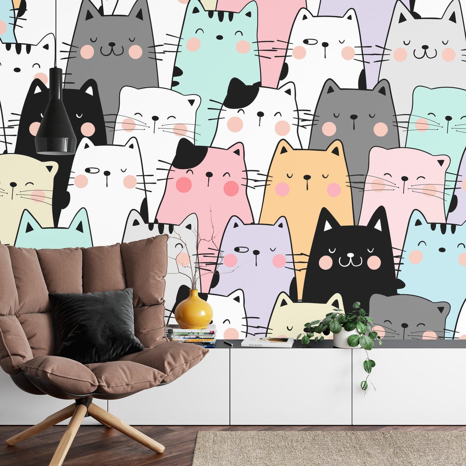 Pastel Cat Wall Mural | Kawaii Cat Wall Decor for Kids Room, Cute ...