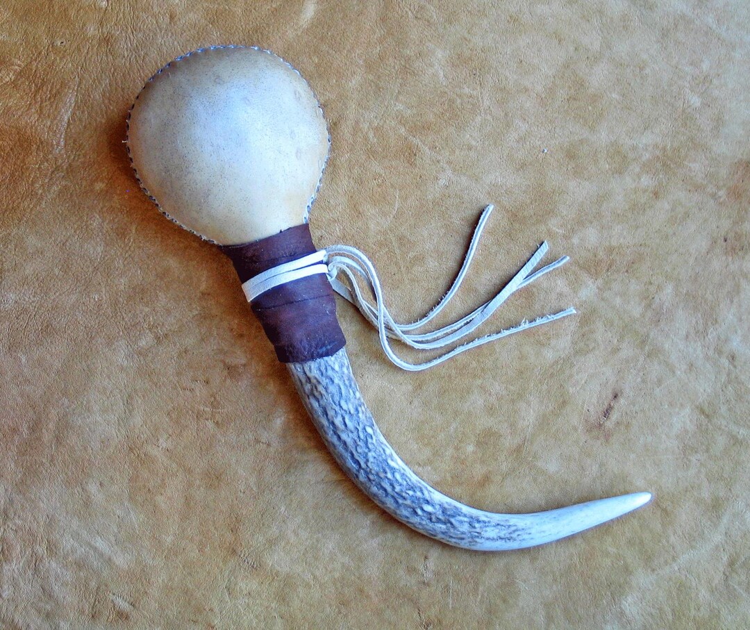 Rattle Large Shamanic Rawhide With Large Elk Antler Handle and Buckskin ...