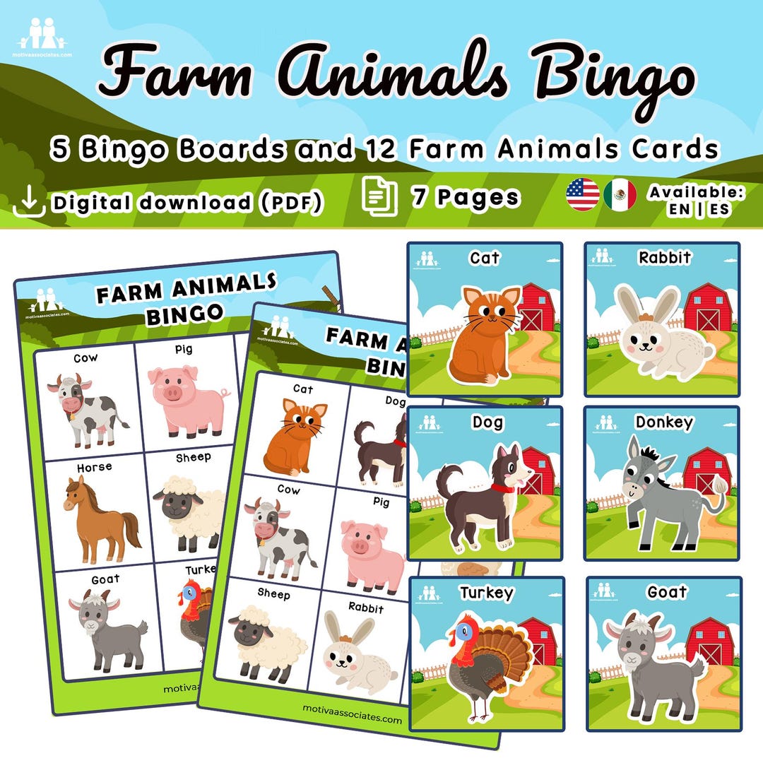 Farm Animals Bingo - Bilingual PDF (spanish/english) - Etsy