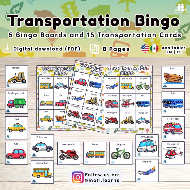 Transportation Bingo Game for Kids – Vehicle Learning Activity ...