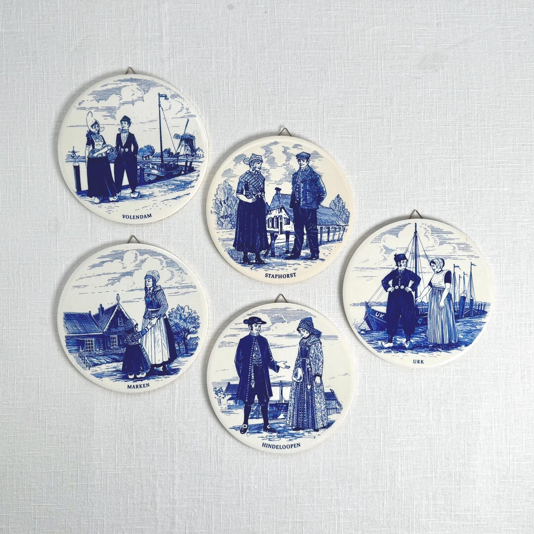 Vintage Delft Round Tile Set Hanging Collector's Plates Blue & White ...