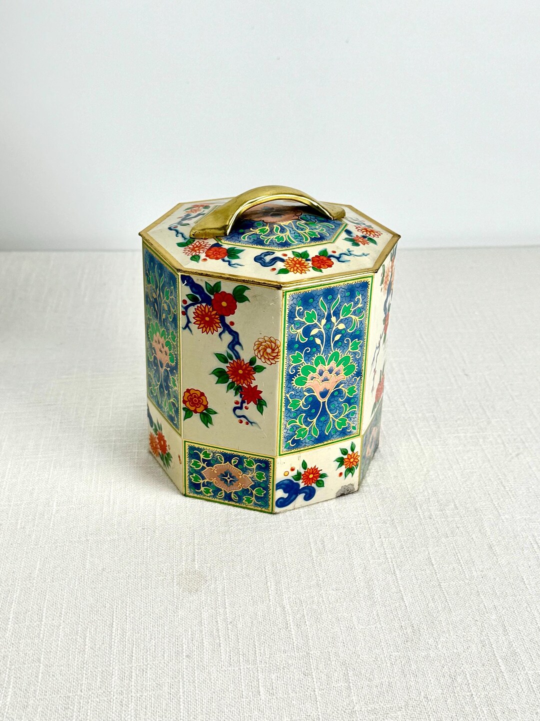 Vintage Tin Storage Box / Tea Canister Octagonal Shaped , Tea or ...