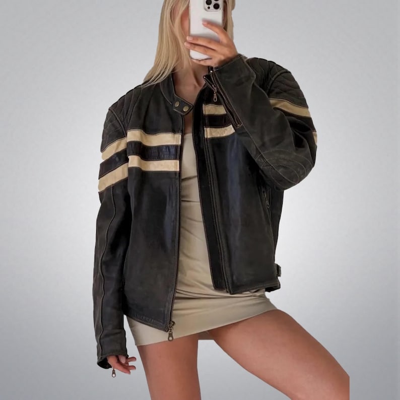 Real Leather Women's Vintage Black Leather Jacket With Beige Racing ...