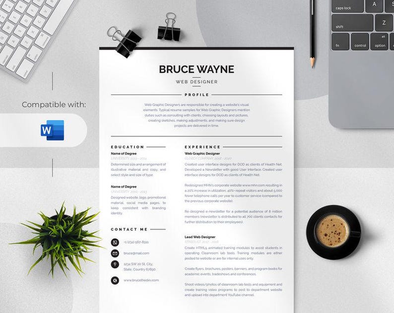 Clean and Simple Resume Template for Professionals, MS Word, Google ...