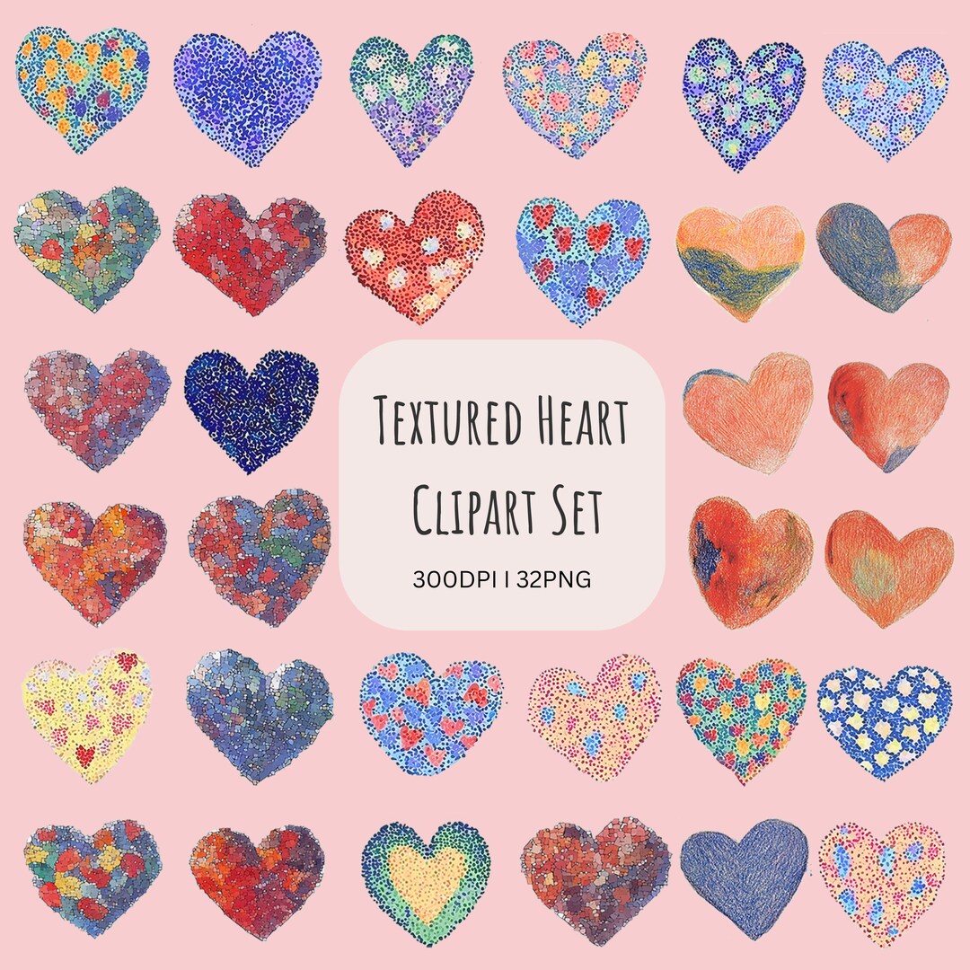 Textured Heart Clipart Set | Mix Styles Mosaic, Heat Map and Pencil ...