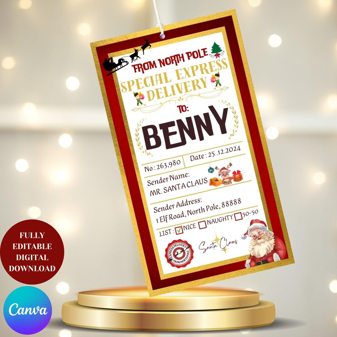 Editable Santa Gift Tag, North Pole Special Delivery Tag, Merry ...